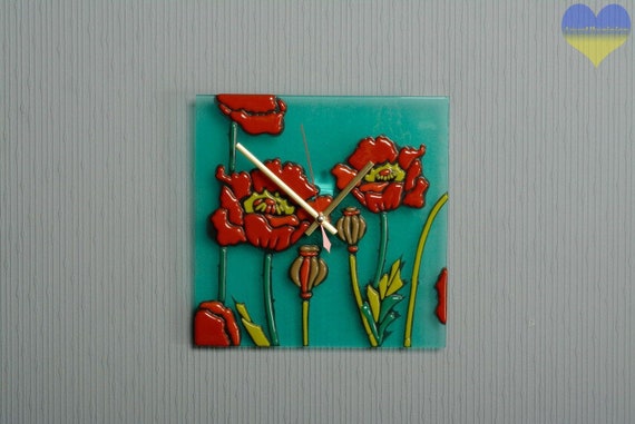 Contemporary Clock Flower Wall Clock Fused Glass Clock Decorative Clock ...