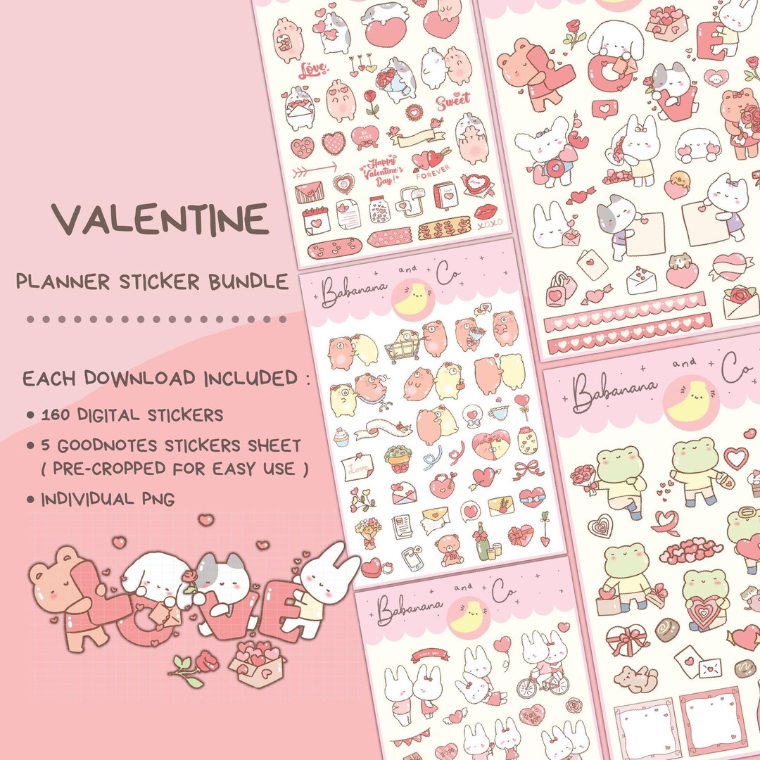 160 Cute Valentine Handdrawn Digital Sticker Bundle, Digital Icon ...