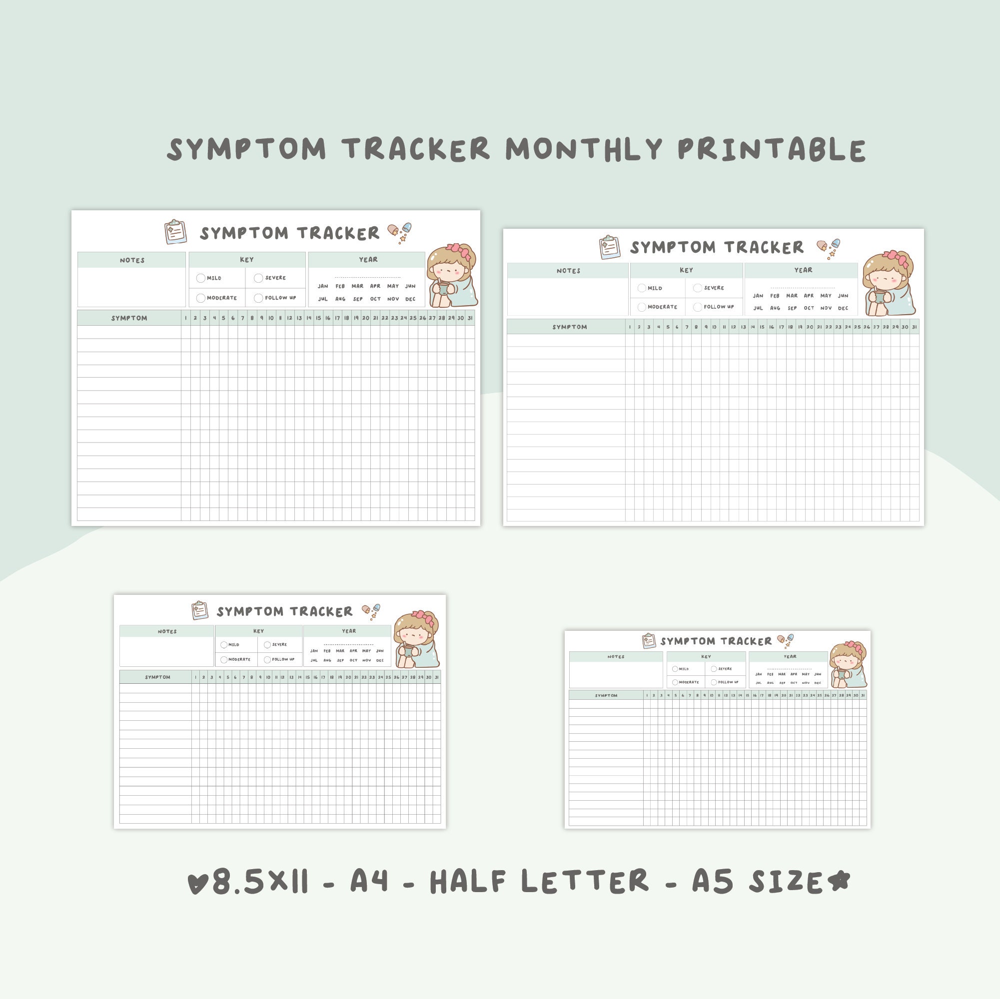 Monthly Symptom Tracker Printable Landscape, Symptom Log,health Insert ...
