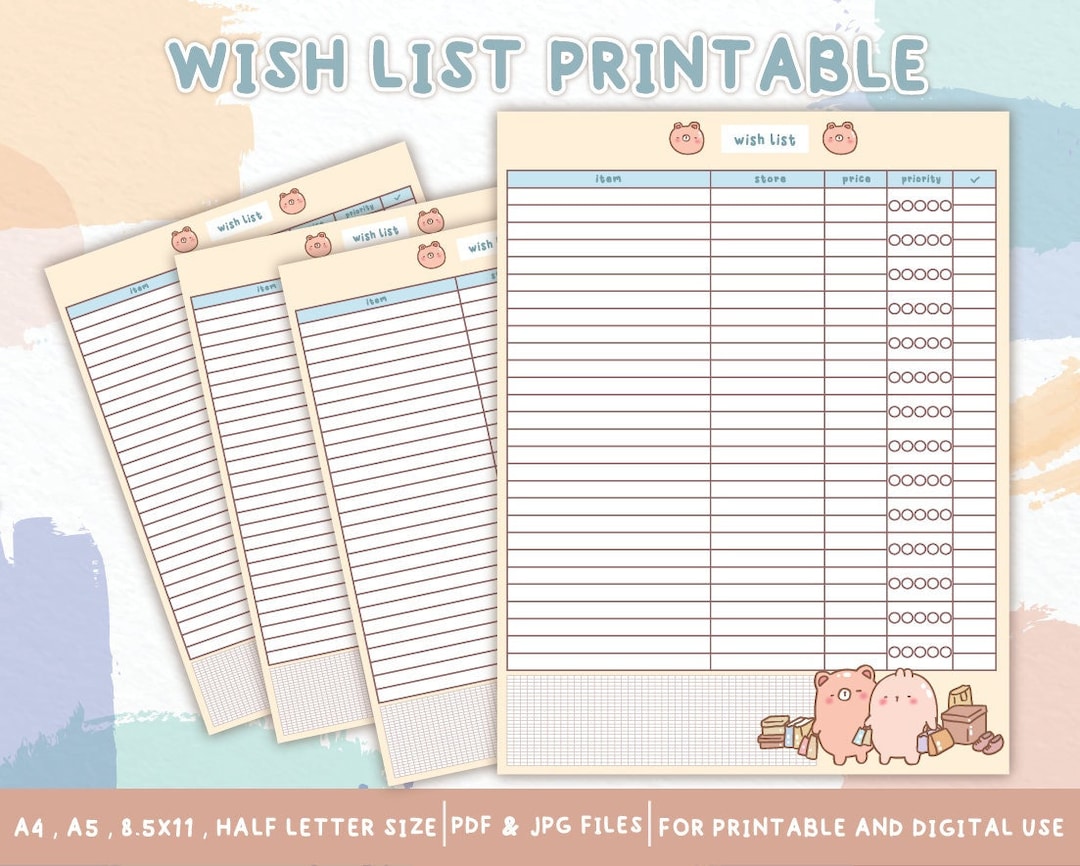 Wish List Printable,wishlist Template,shopping Tracker Sheet,digital ...