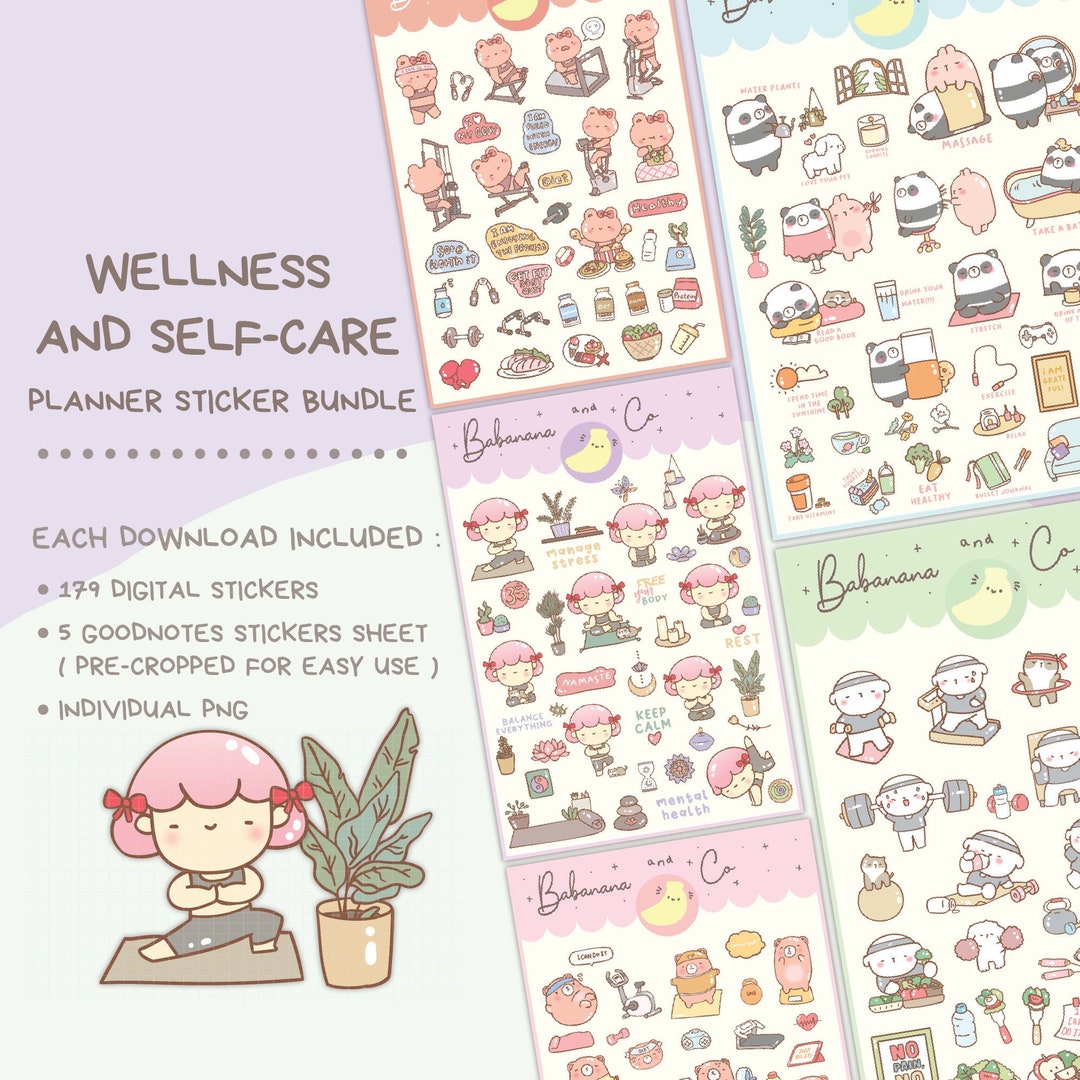 179 Cute Wellness and Self-care Handdrawn Digital Sticker Bundle ...