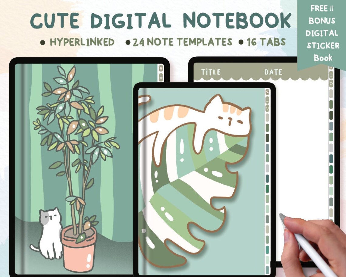Digital Illustrated Cats&plants Designs Notebookhyperlinked - Etsy