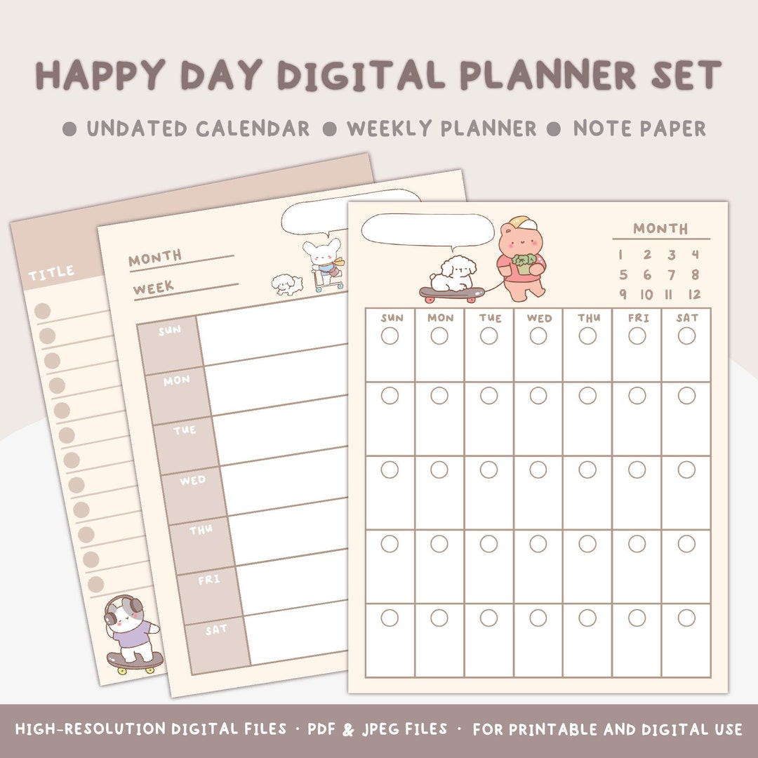 Happy Day Digital Planner Set|open Calendar,weekly Planner,note Paper ...