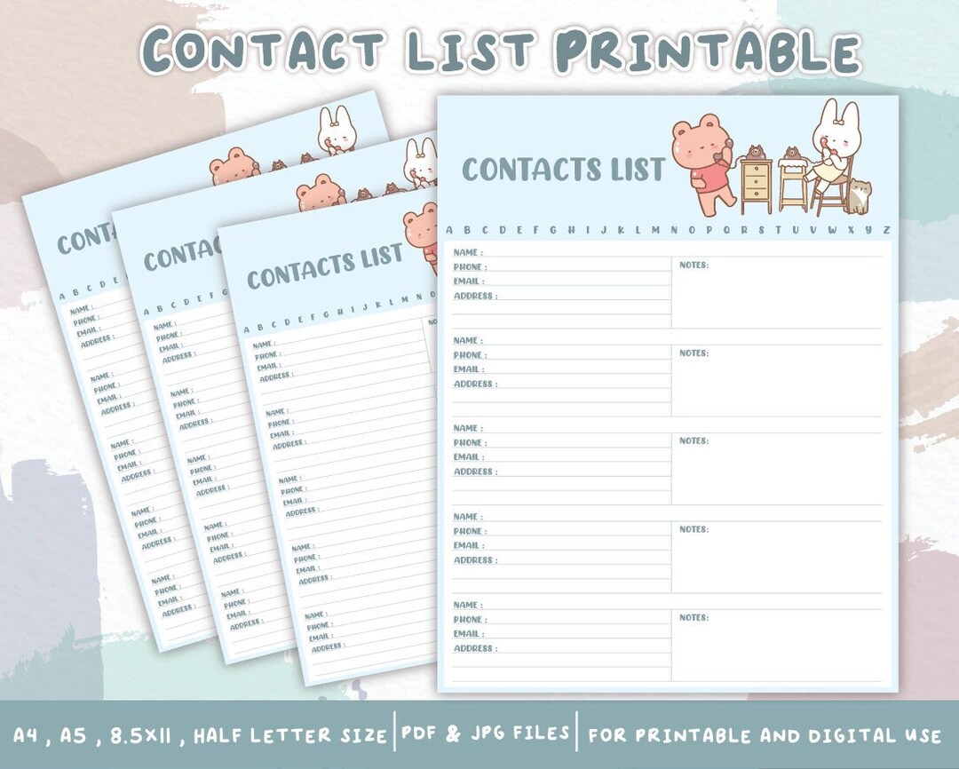 Lista de contactos imprimible, plantilla de lista de contactos, libreta ...