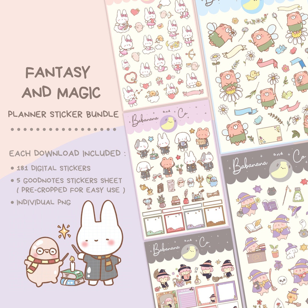 181 Cute Fantasy and Magic Handdrawn Digital Sticker Bundle, Digital ...