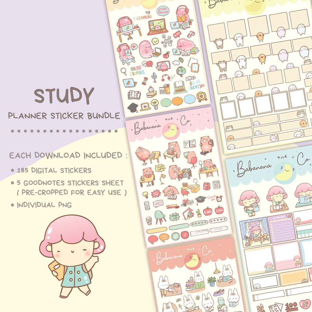 185 Cute Study Handdrawn Digital Sticker Bundle, Digital Icon Stickers ...