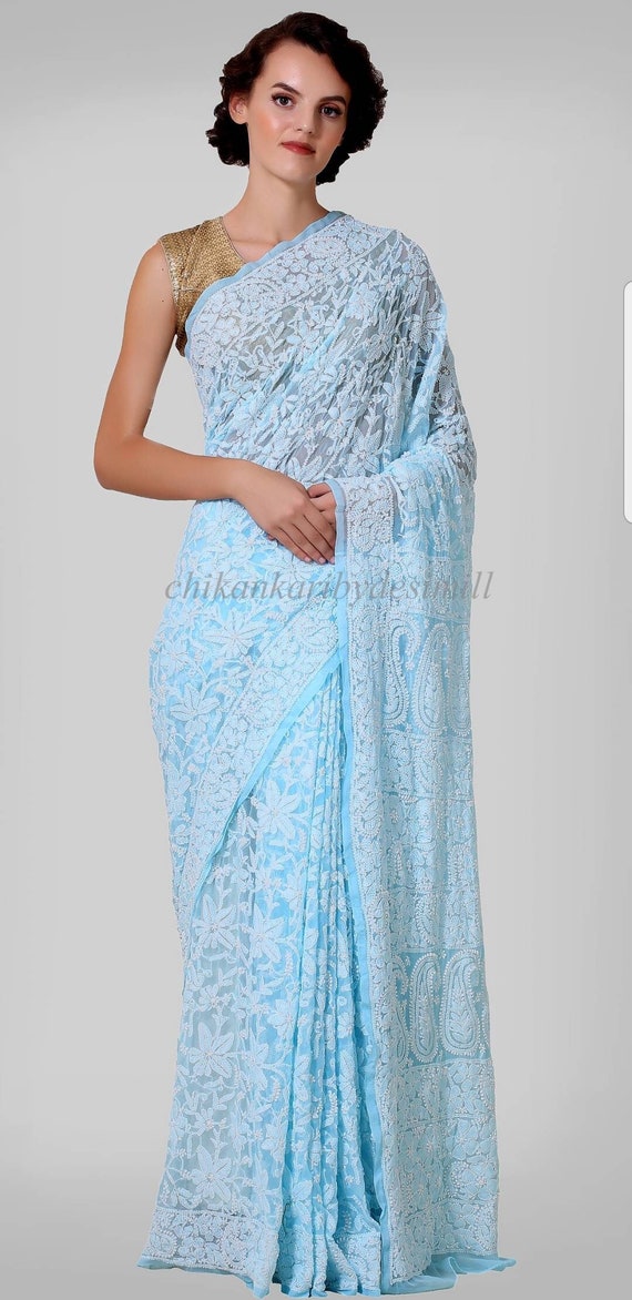 Lucknow Chikankari Elegant Georgette Saree With Fine Work | Etsy