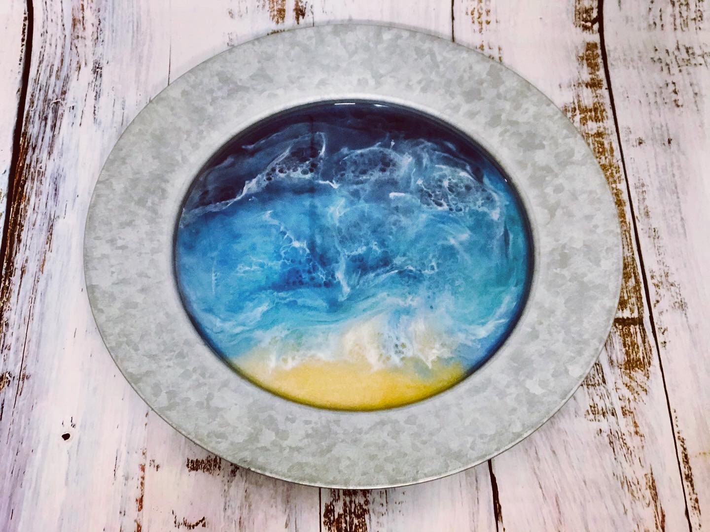 Ocean Inlay Hanging Plate: Waves-lake- Beach- Metal- Mica Powder- Epoxy ...