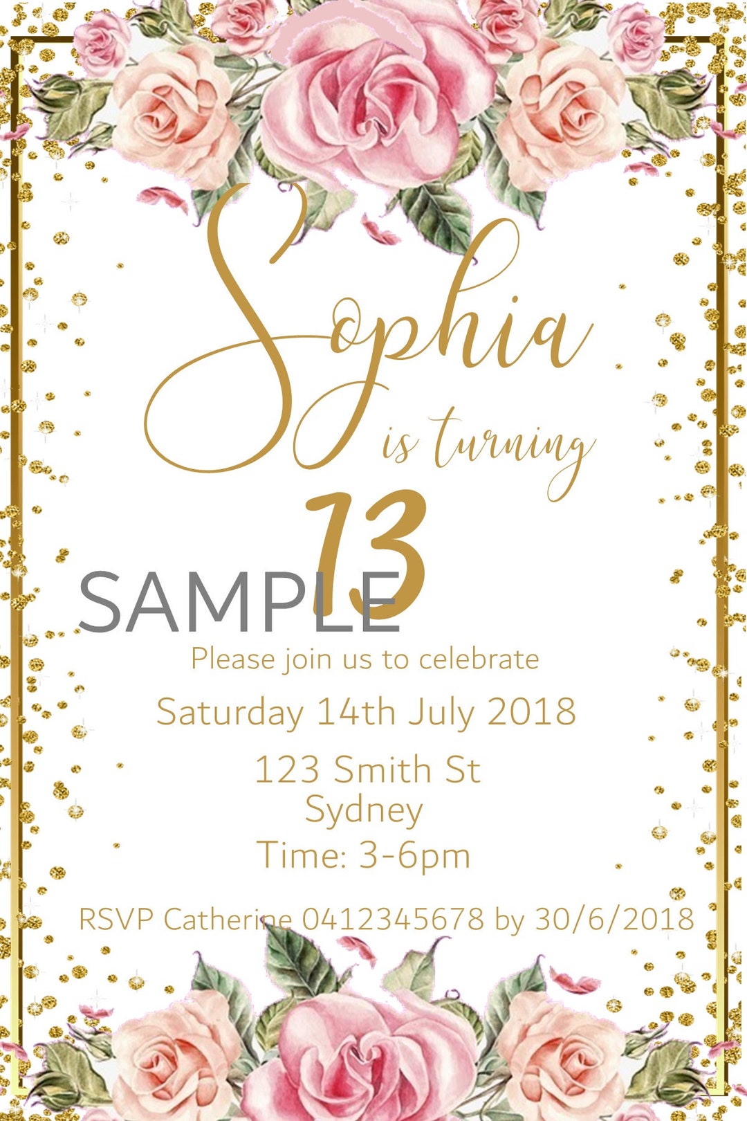 Rose With Gold Border Invitations - Etsy