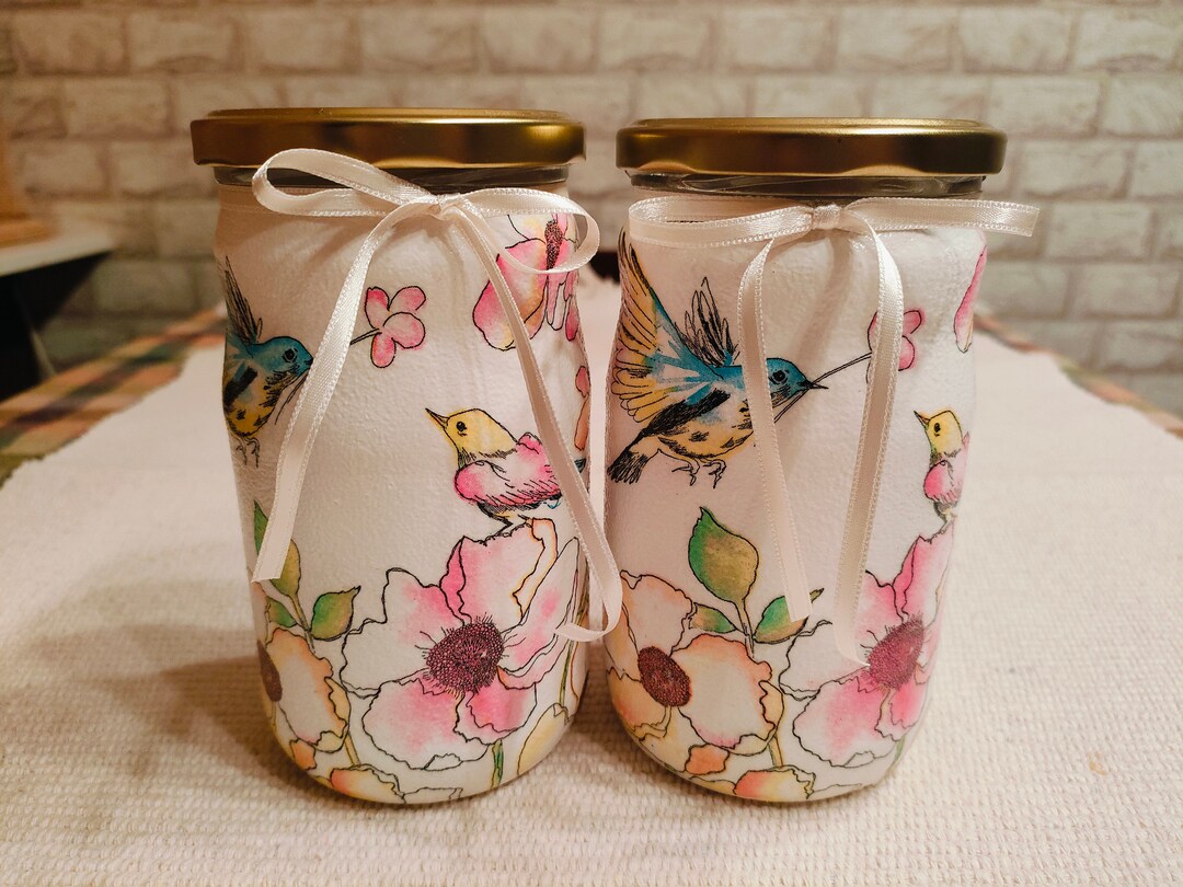 Set of Two Glass Jars Bird Jar Decoupage Storage Jar Floral Jar ...