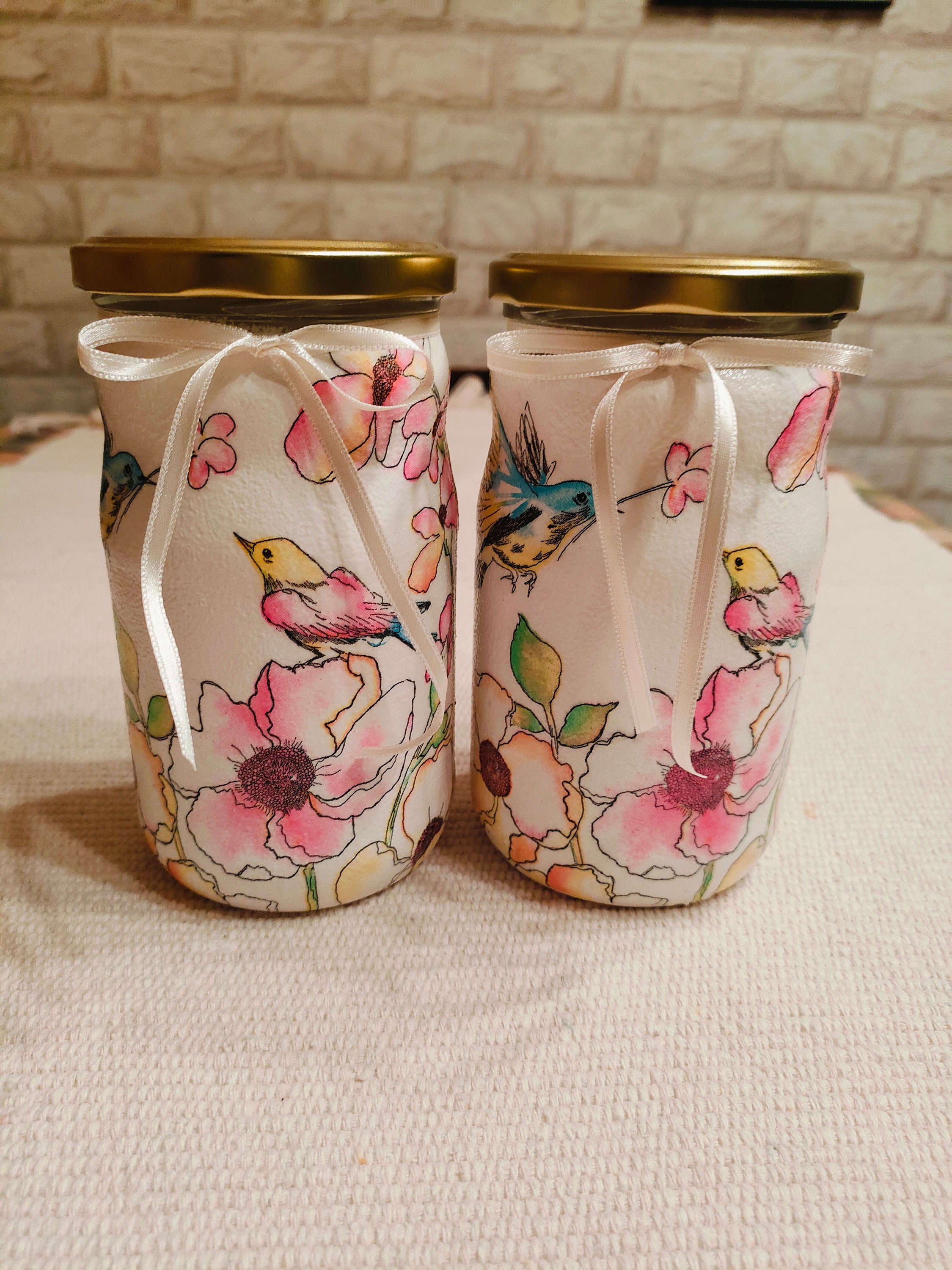 Set of Two Glass Jars Bird Jar Decoupage Storage Jar Floral Jar ...