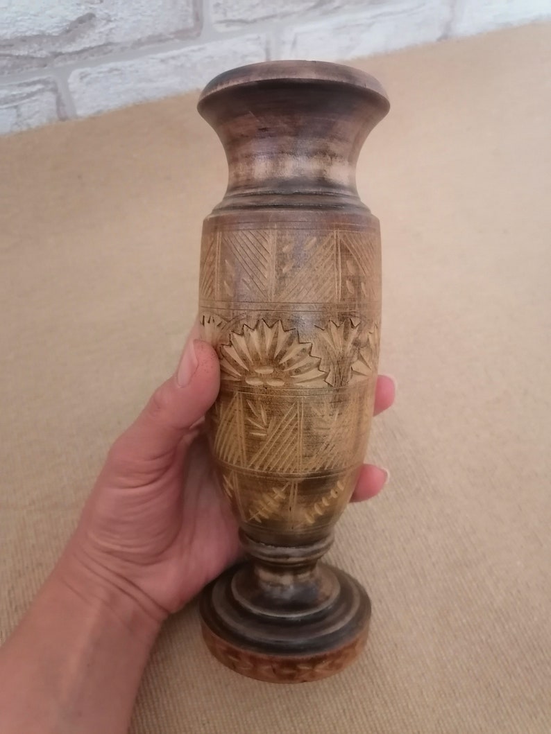 Vintage Hand Carved Vase 70s Antique Wooden Vase Handcrafted - Etsy