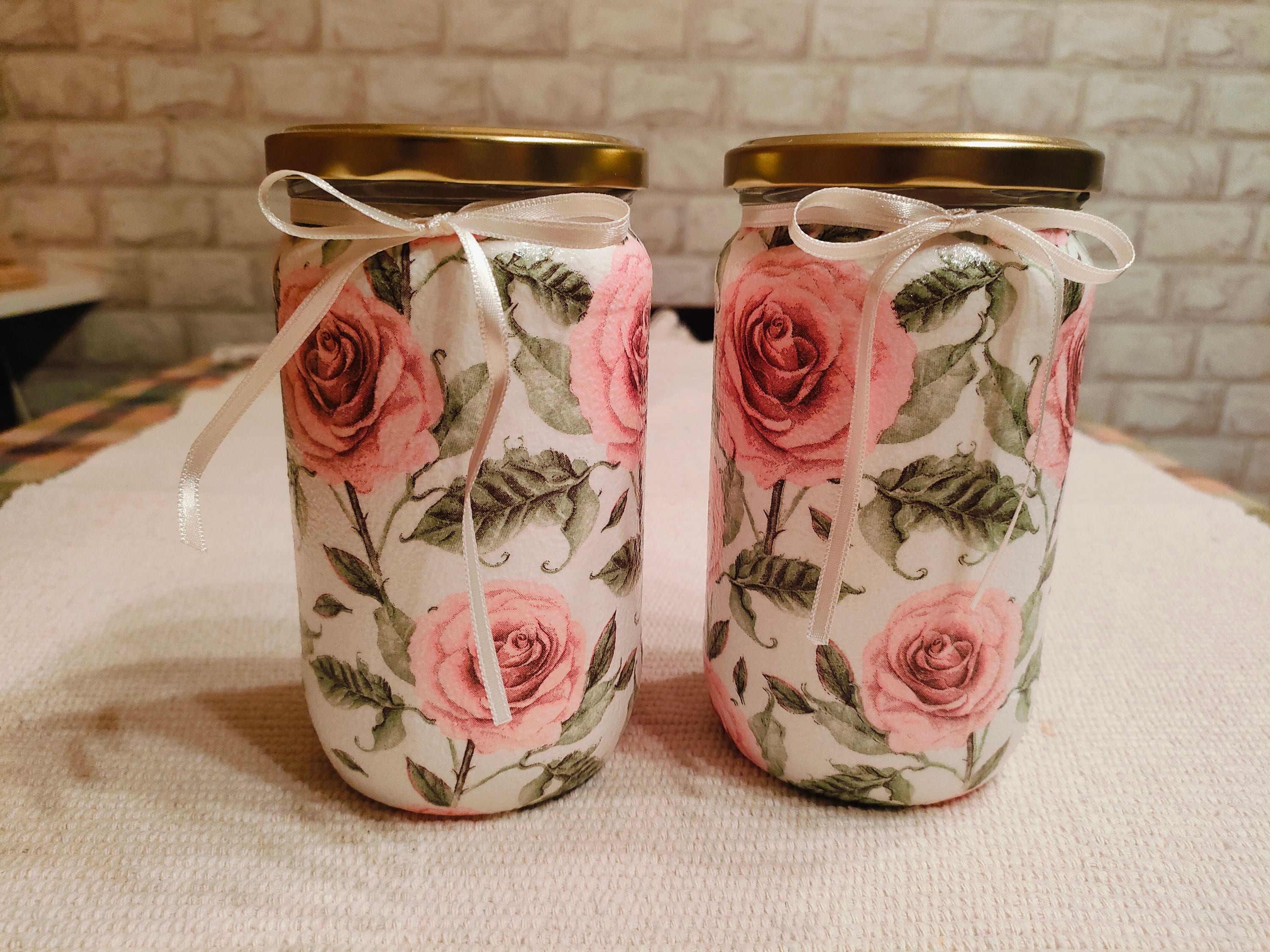 Set of Two Glass Jars Vintage Rose Jar Decoupage Storage Jar Floral ...