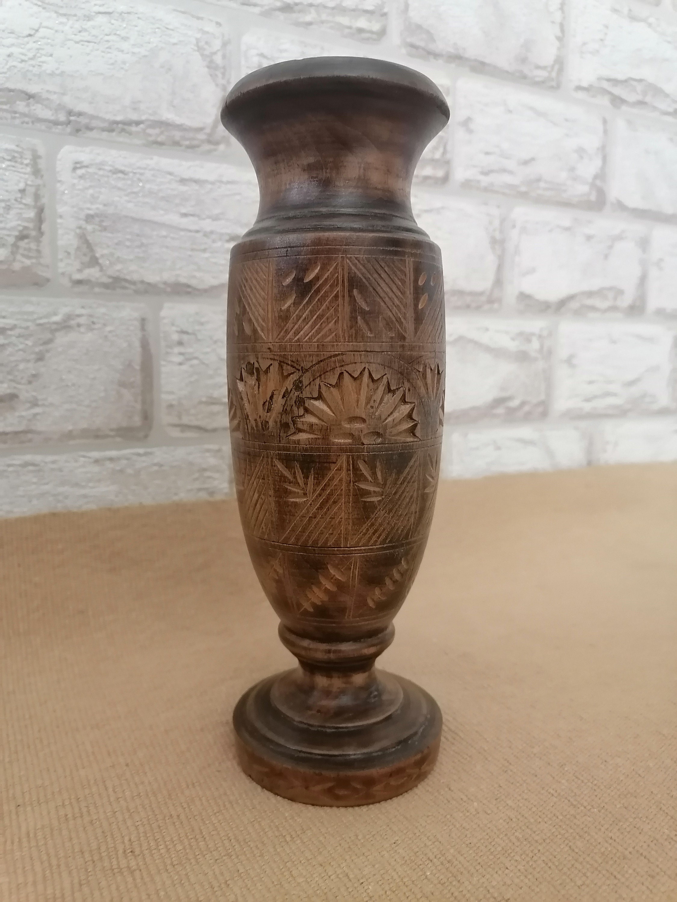 Vintage Hand Carved Vase 70s Antique Wooden Vase Handcrafted - Etsy