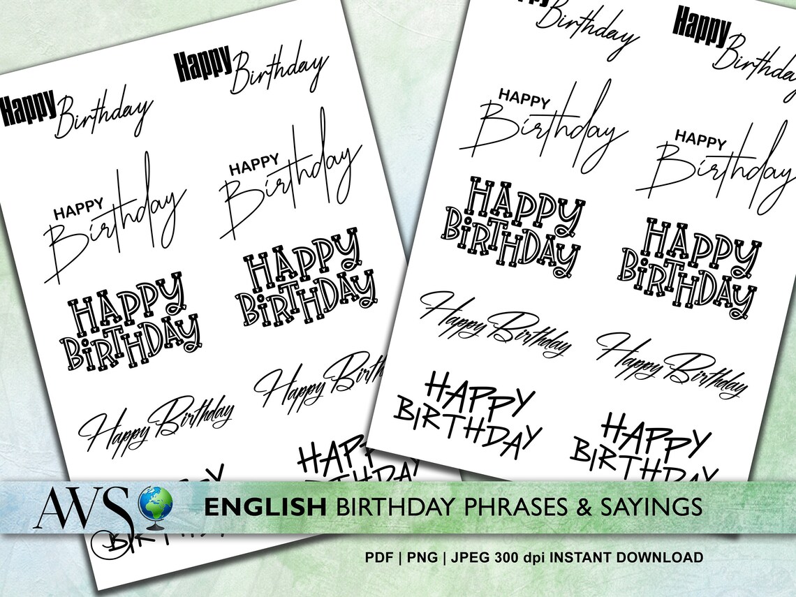 5 Digital Word Art Birthday Sentiments - Printable Digi Stamps - Happy ...