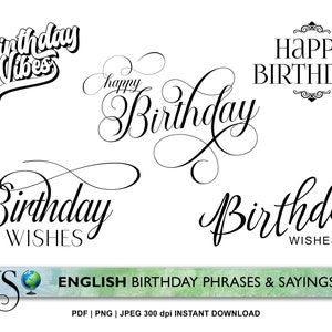 5 Digital Word Art Birthday Sentiments - Printable Digi Stamps - Happy ...