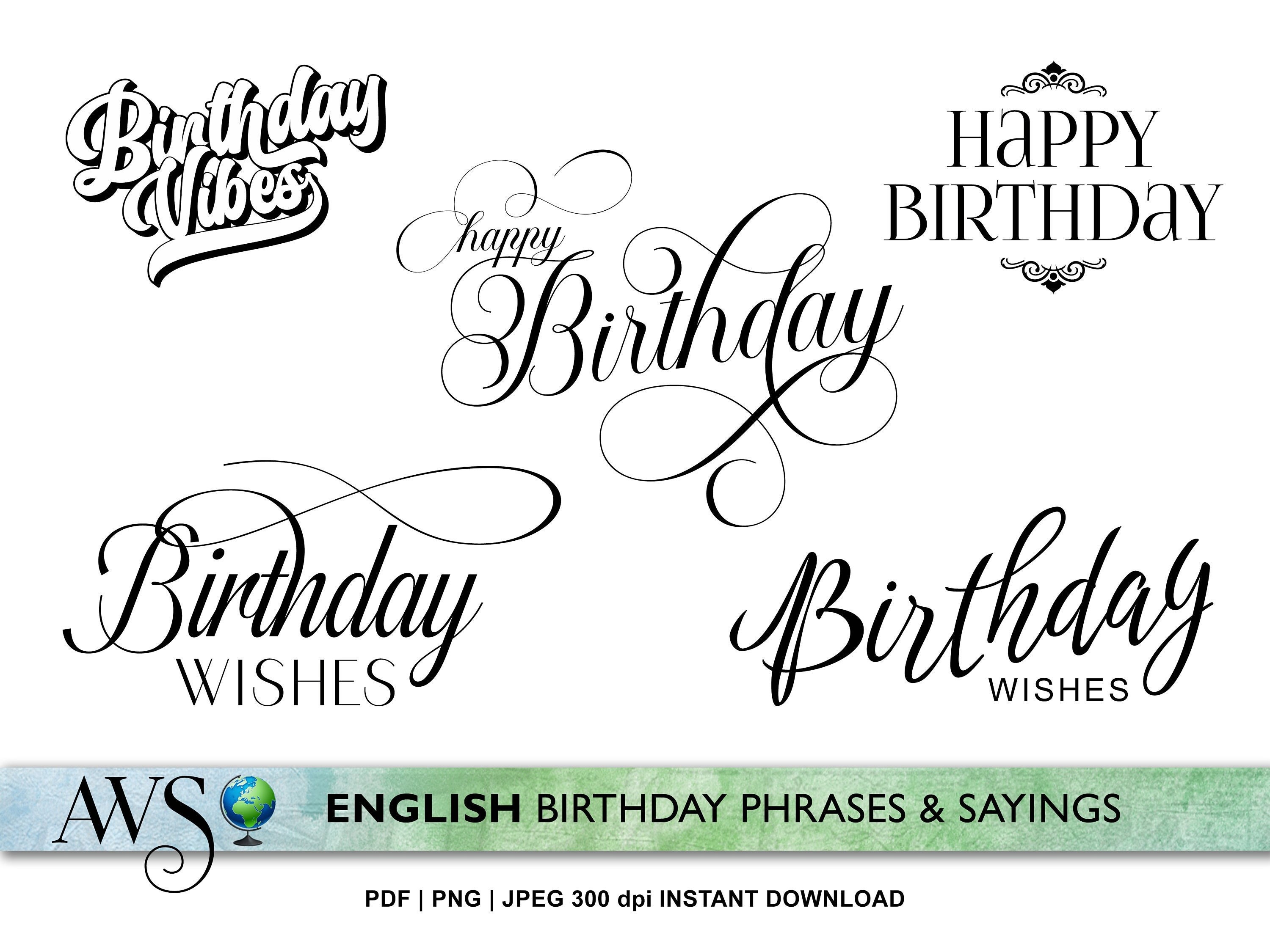 5 Digital Word Art Birthday Sentiments - Printable Digi Stamps - Happy ...