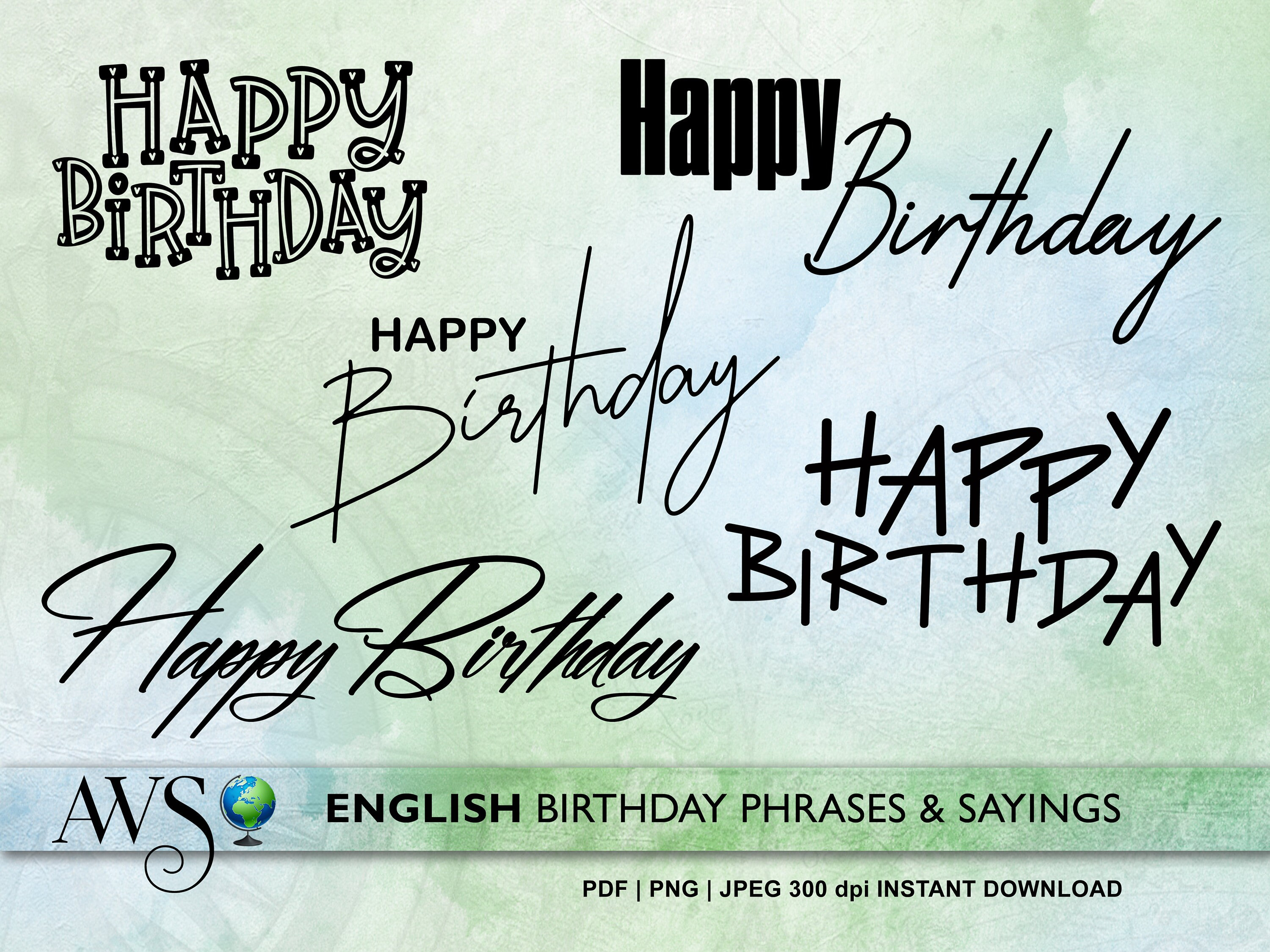 5 Digital Word Art Birthday Sentiments - Printable Digi Stamps - Happy ...