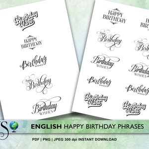 5 Digital Word Art Birthday Sentiments - Printable Digi Stamps - Happy ...