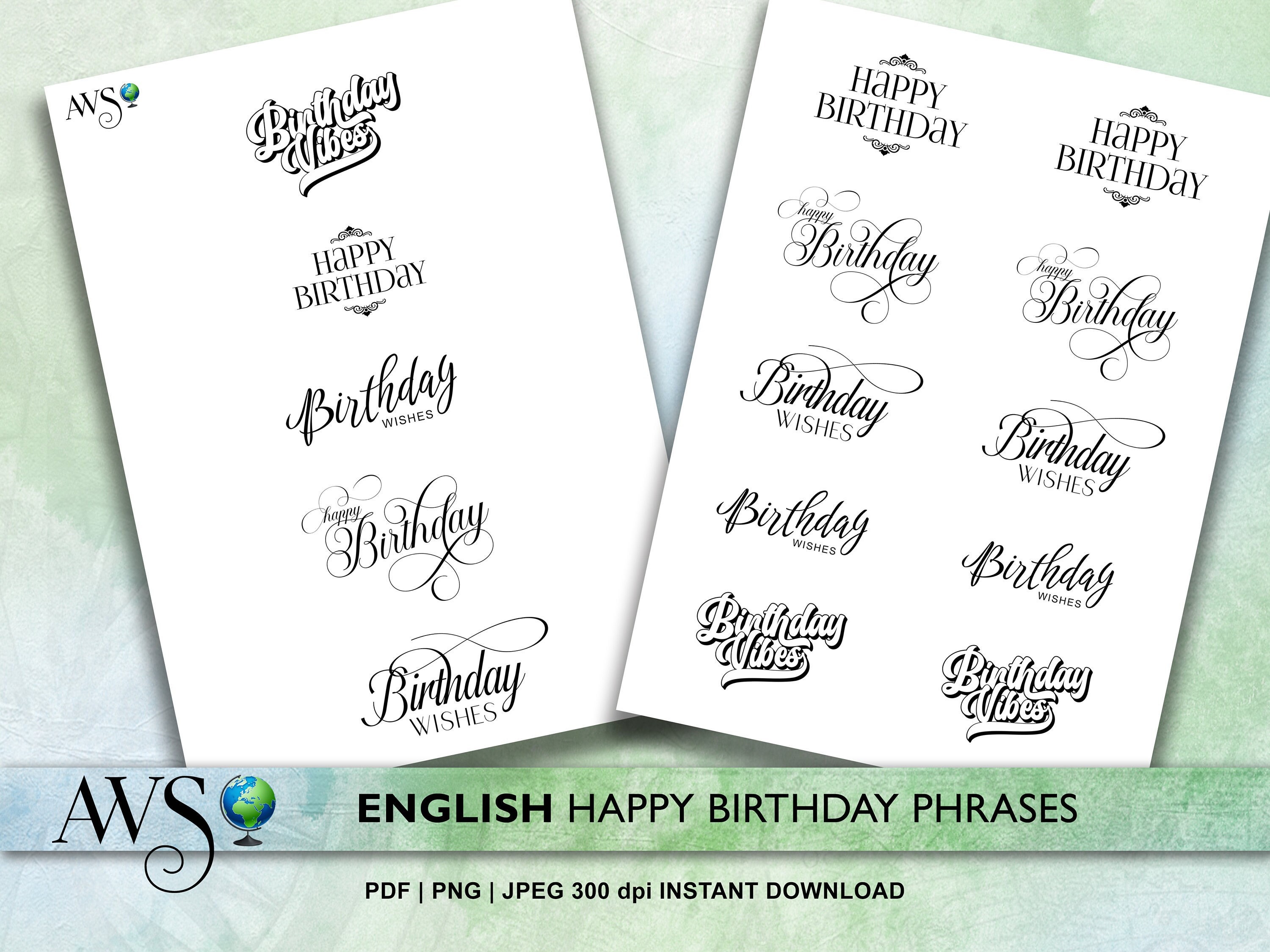 5 Digital Word Art Birthday Sentiments - Printable Digi Stamps - Happy ...