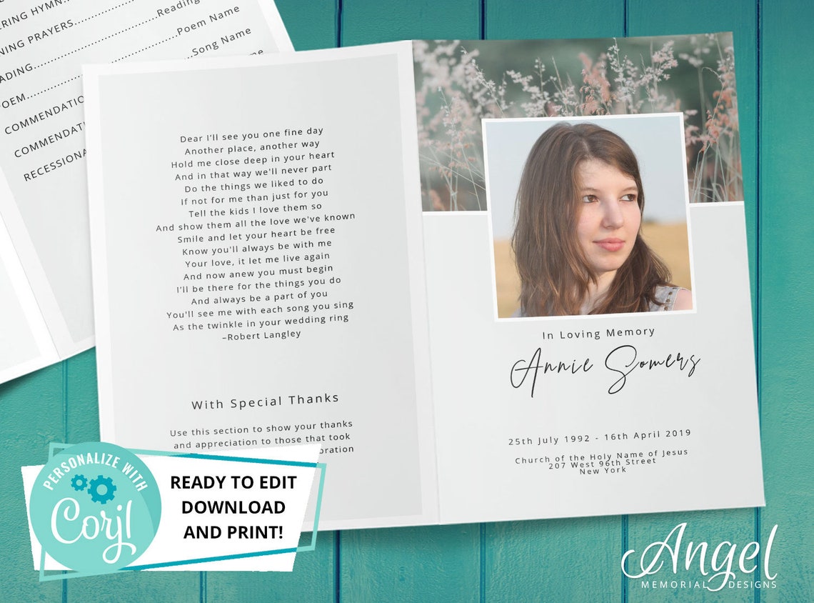 Funeral Program Template Funeral Card Template Editable - Etsy