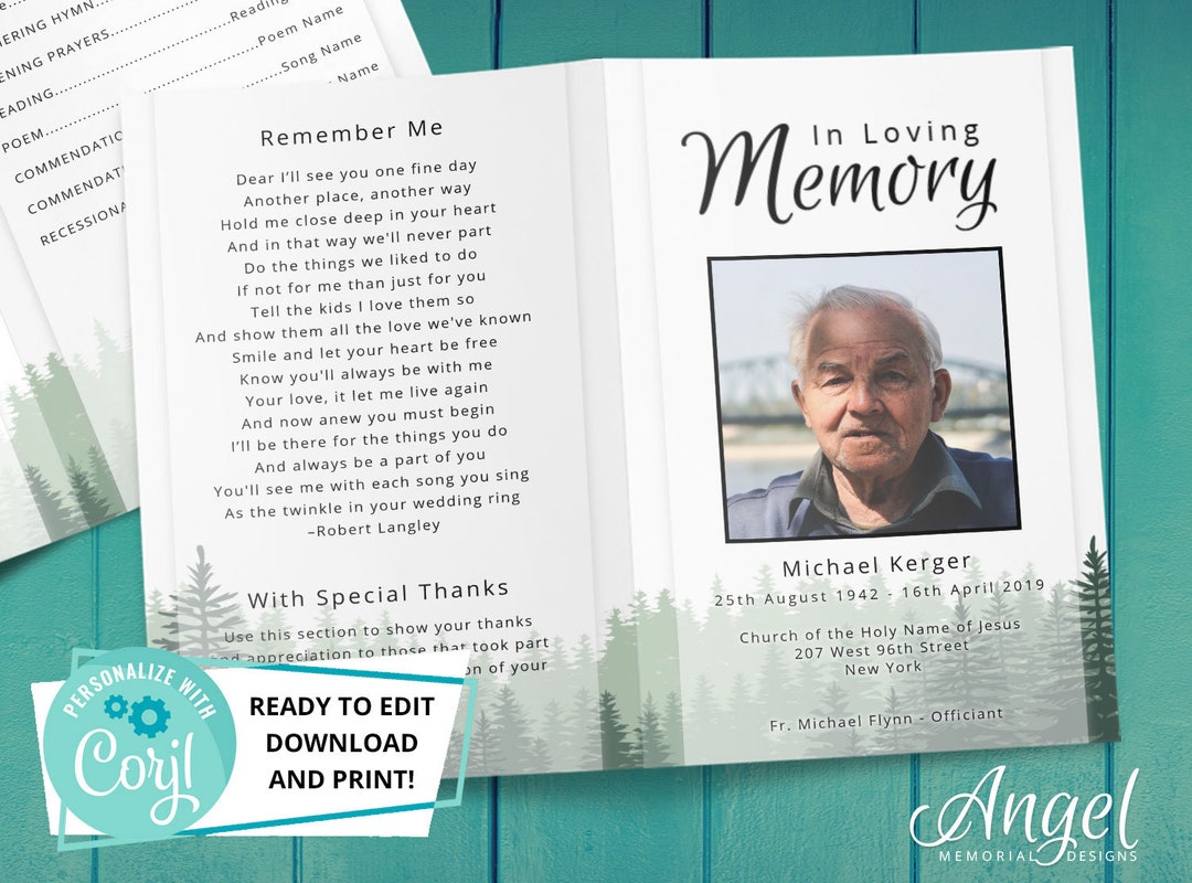 Funeral Program Template | Funeral Card Template | Editable Funeral ...
