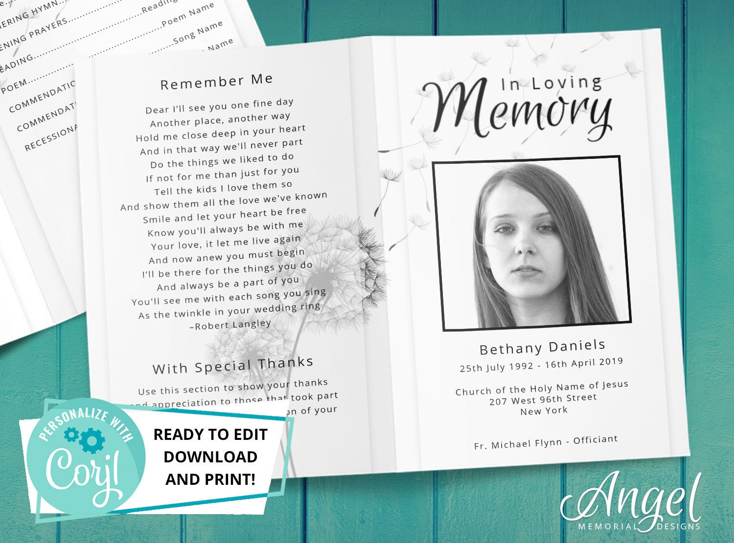 Funeral Program Template Funeral Card Template Editable - Etsy