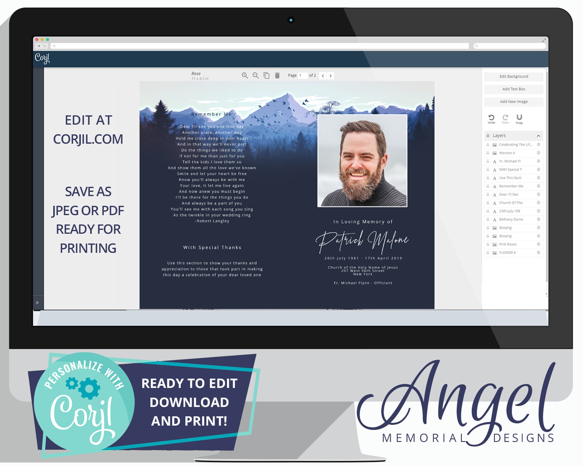 Funeral Program Template Funeral Card Template Editable | Etsy