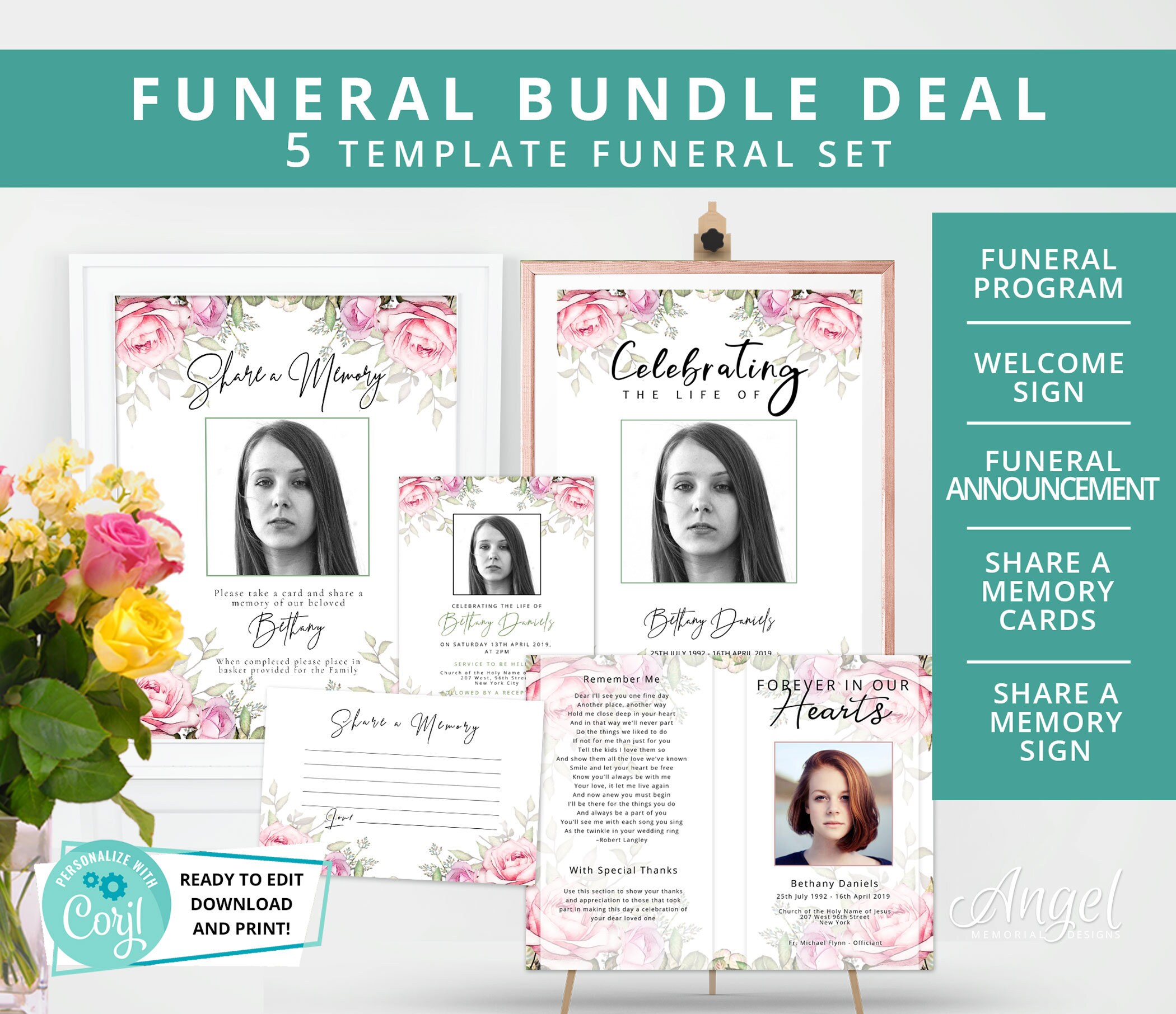 Rose Funeral Bundle Set Printable Floral Funeral Memory - Etsy