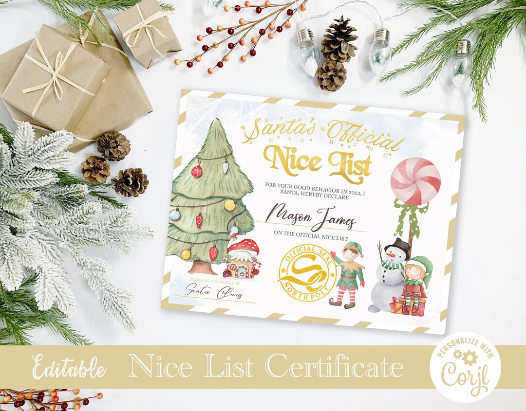 NICE LIST CERTIFICATE, Elf Printable Christmas Santa List Naughty or ...