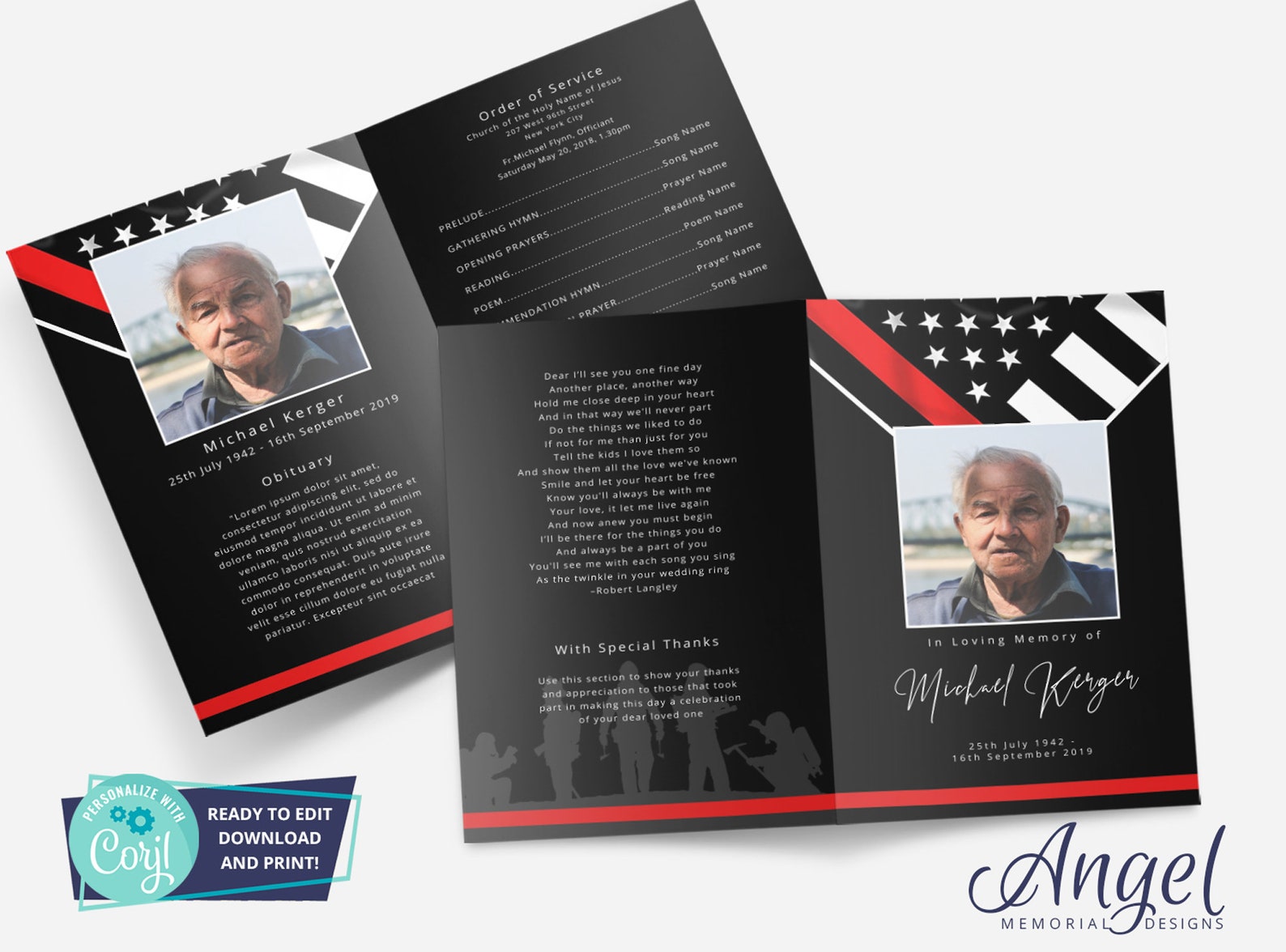 Firefighter Funeral Program Template Funeral Card Template Editable ...