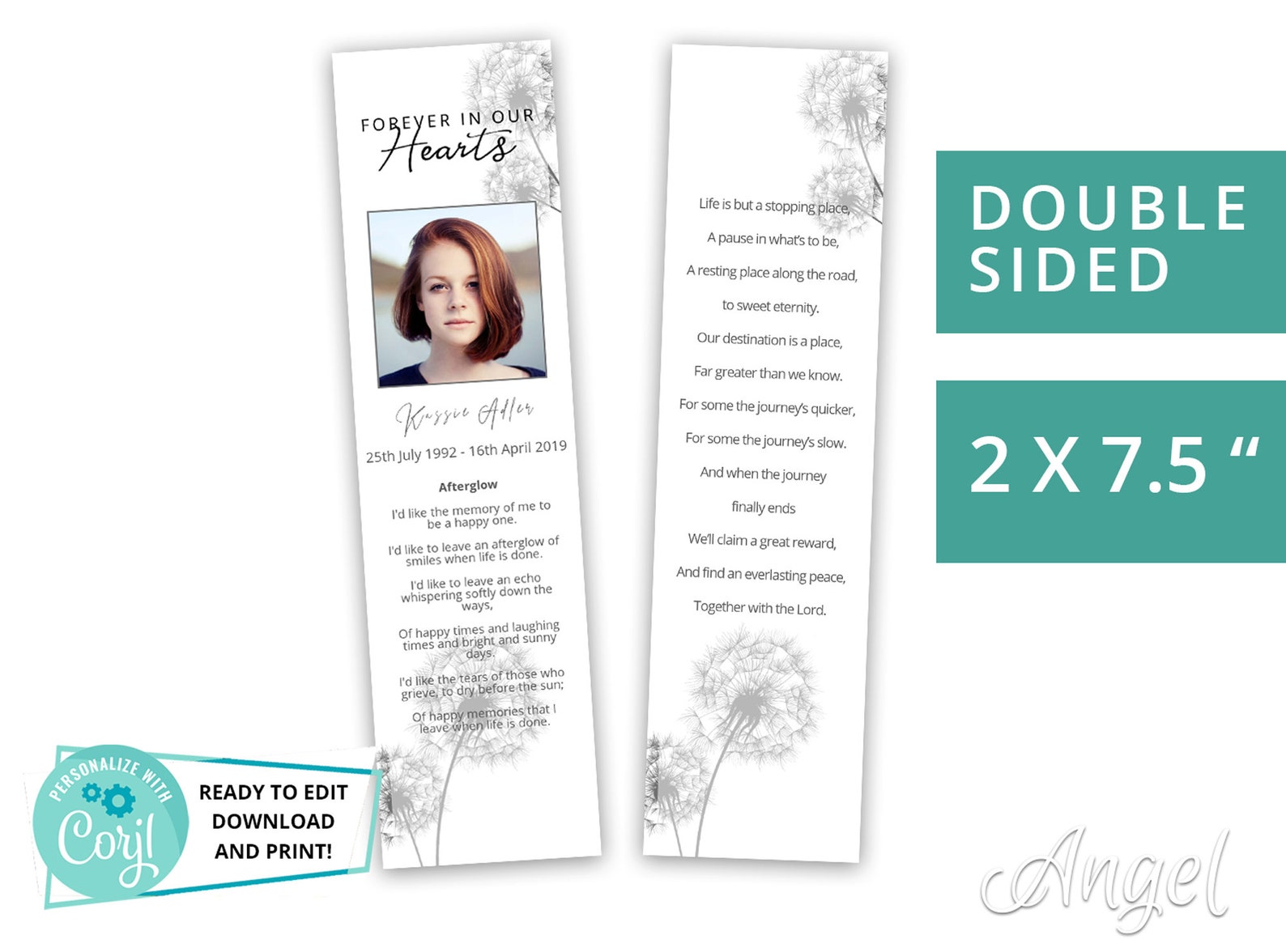 Funeral Bookmark Template Printable Funeral Bookmark Memorial Bookmark ...