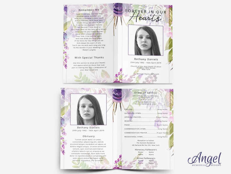Purple Floral Funeral Program Template Flowers | Digital Funeral ...