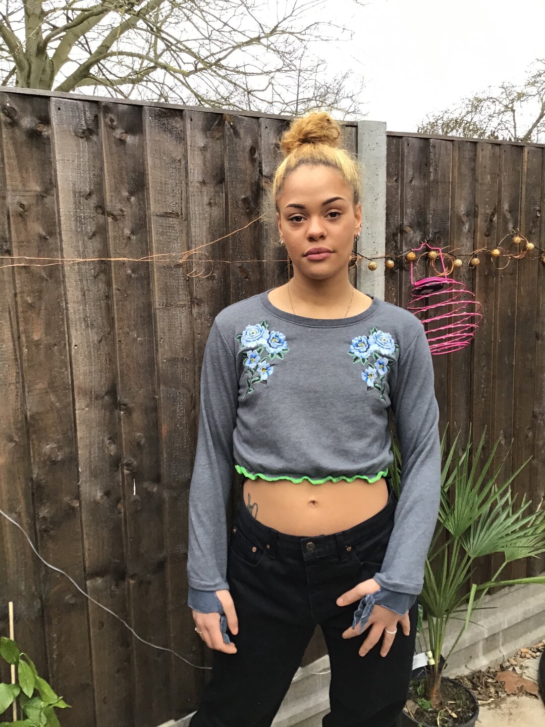 90s Blue Floral Embroidered Blue and Grey Rework Crop Top Medium - Etsy