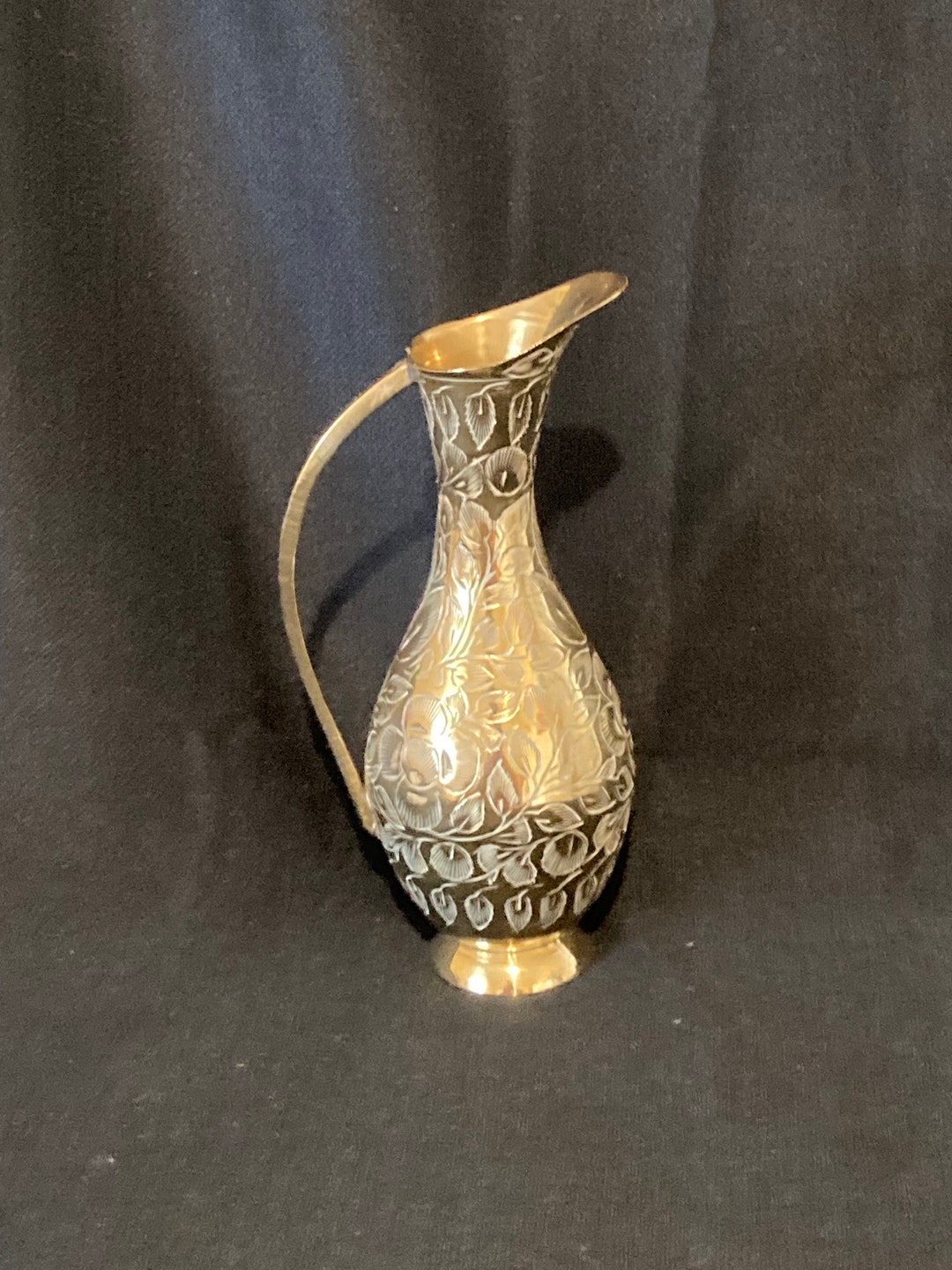 India Vintage Engraved Brass Ewer Vase With Handle - Etsy