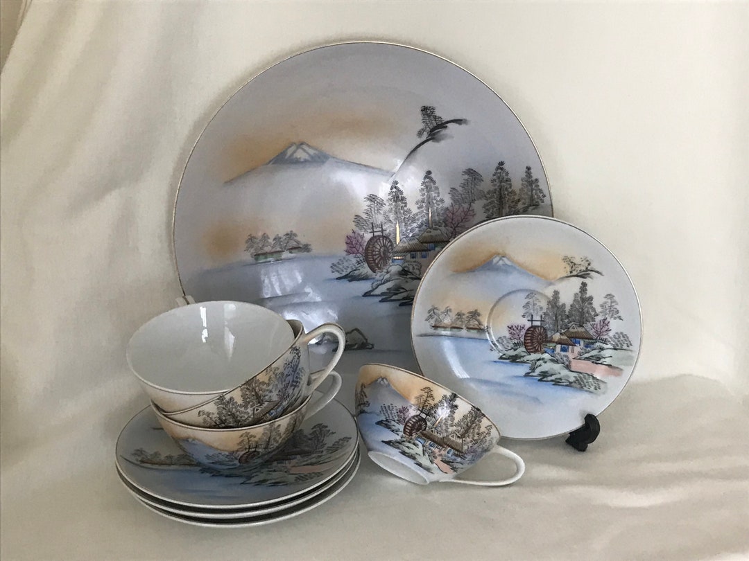Antique Japanese Hand Painted Kutani Porcelain Tea Set - 4 Cups and ...