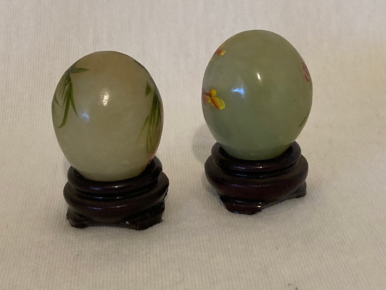 Pair of Chinese Small Hand Painted Jade Eggs on Wooden Stands - Etsy