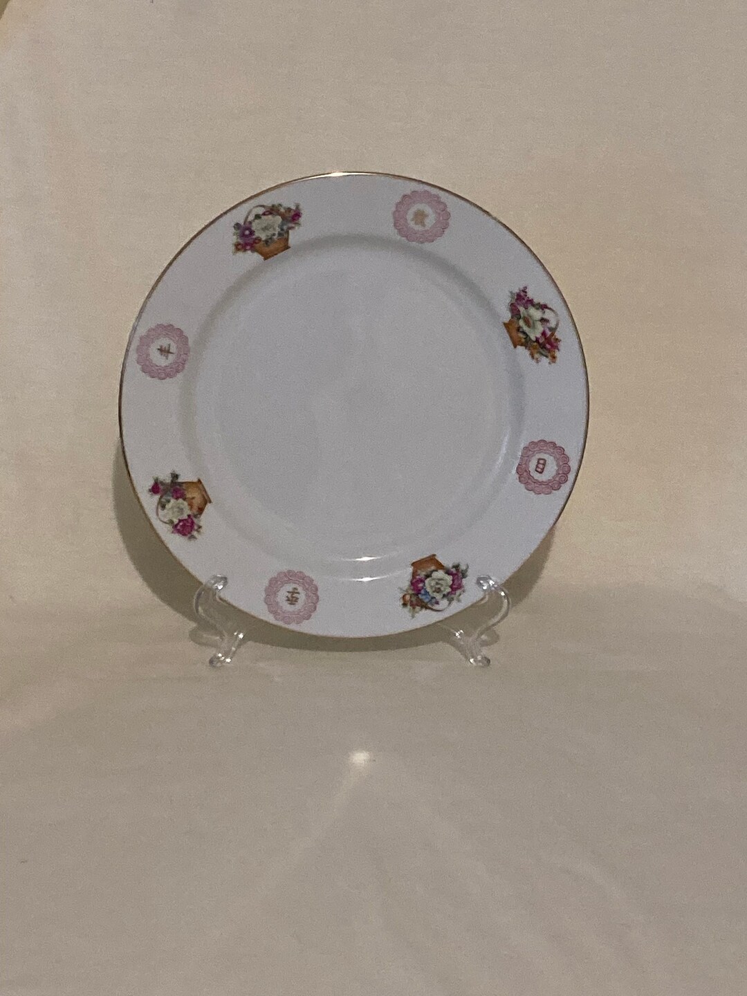 Liling China Floral Baskets and Lucky Pink Gold Symbols Plate - Etsy