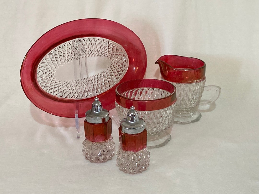 Indiana Glass Diamond Point Ruby Red Five Piece Set - Etsy