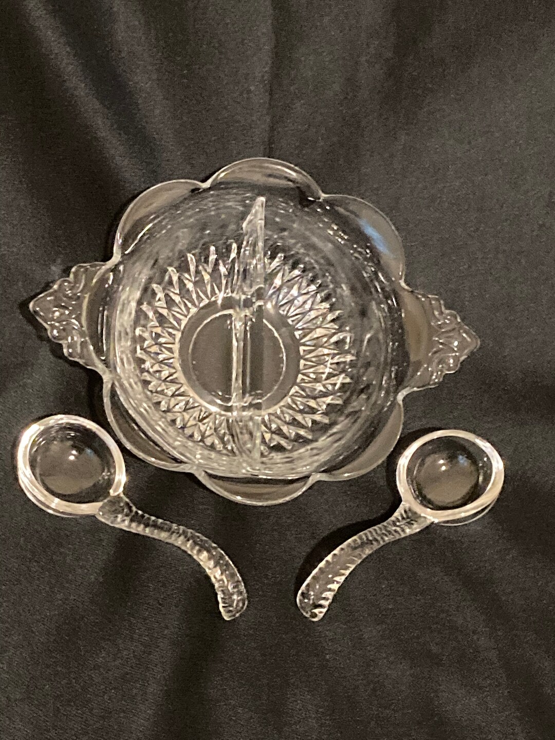 Vintage Divided Pressed Glass Serving Bowl With Glass Serving Spoons - Etsy