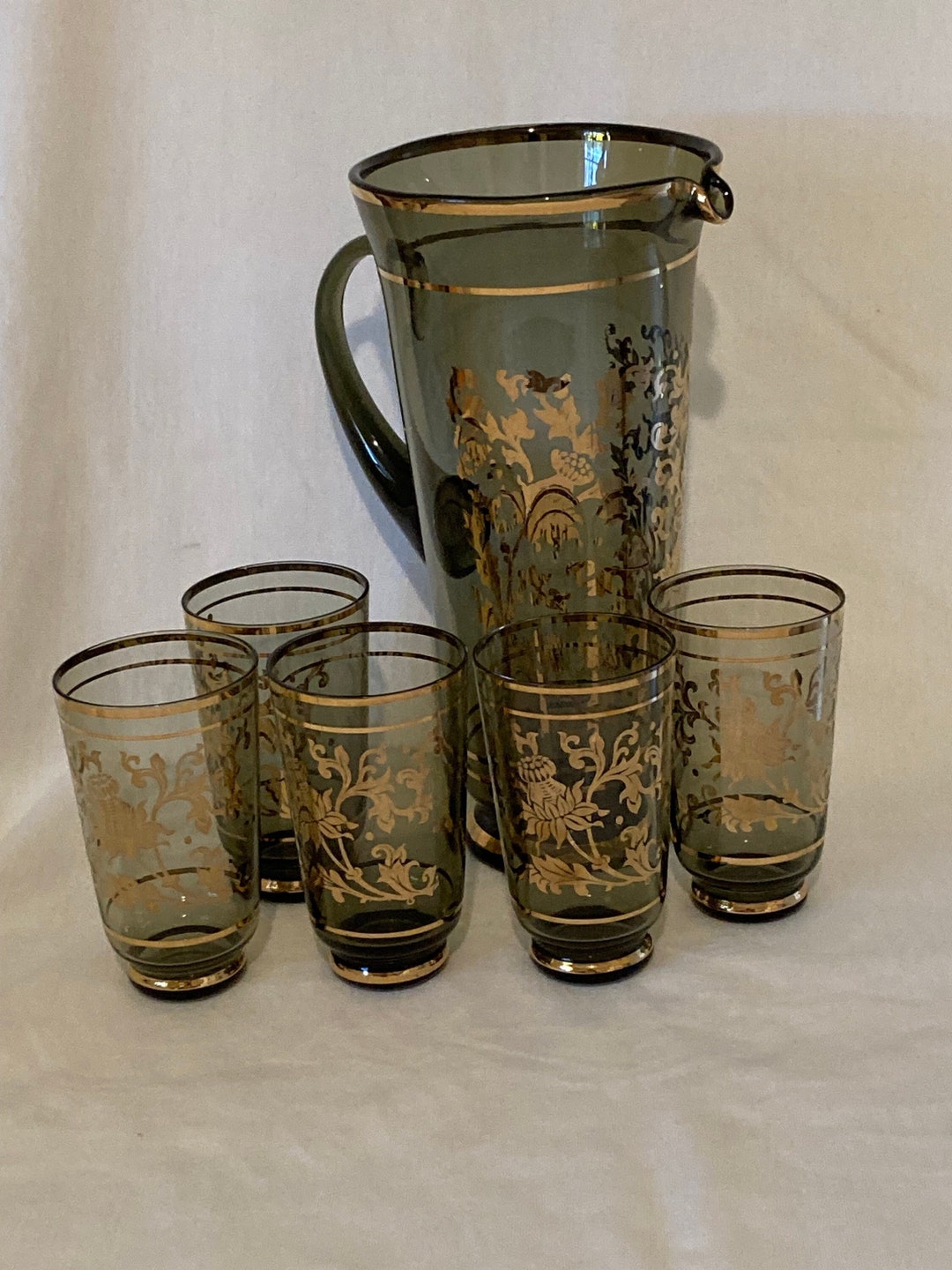 Bohemia Smoky Coloured Crystal Pitcher and Five Matching Glasses - Etsy