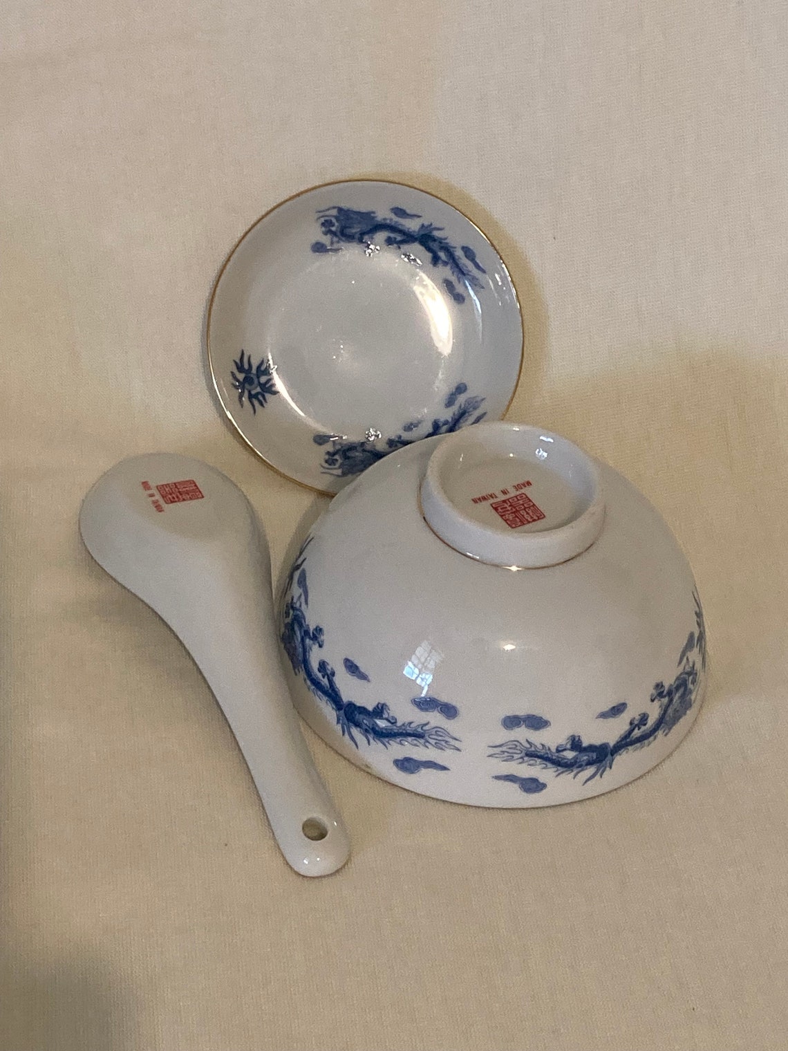 Taiwan Porcelain Blue Dragon Rice Soup Bowl Sauce Bowl and - Etsy