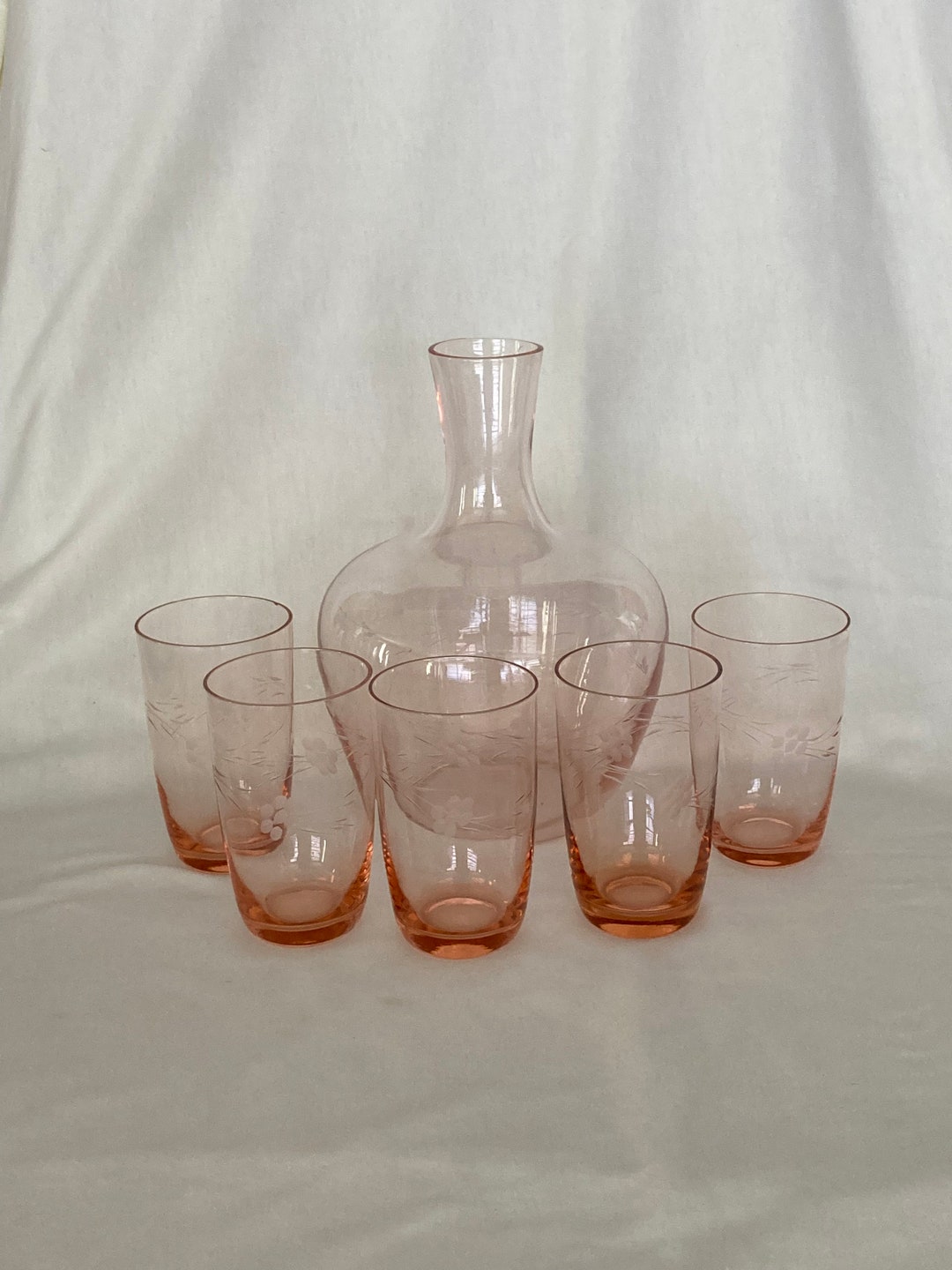 Vintage Rose Pink Etched Glass Carafe and Glasses Set - Etsy