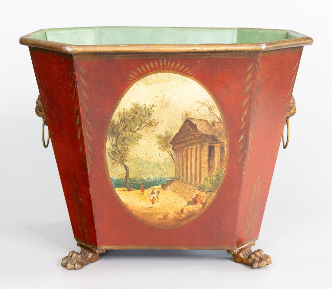 Antique French Napoleon III Style Red Tole Footed Cachepot Planter Lion ...