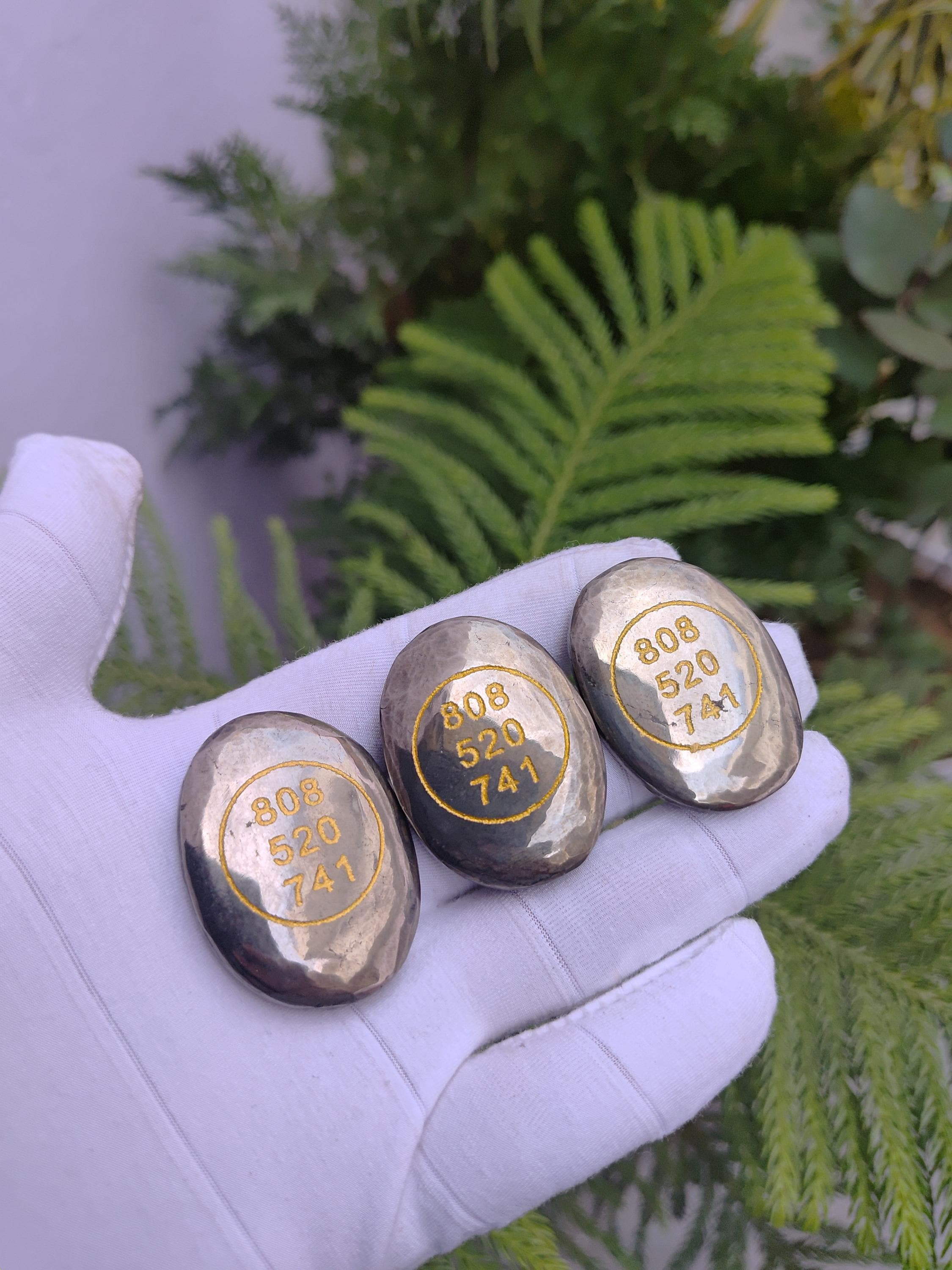 Pyrite Zebu Coin Manifestation Palm Stones Engraved 808 520 741, Golden ...