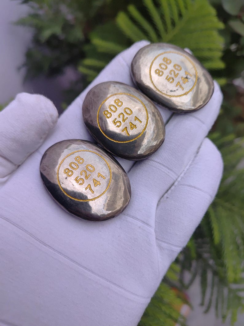 Pyrite Zebu Coin Manifestation Palm Stones Engraved 808 520 741, Golden ...