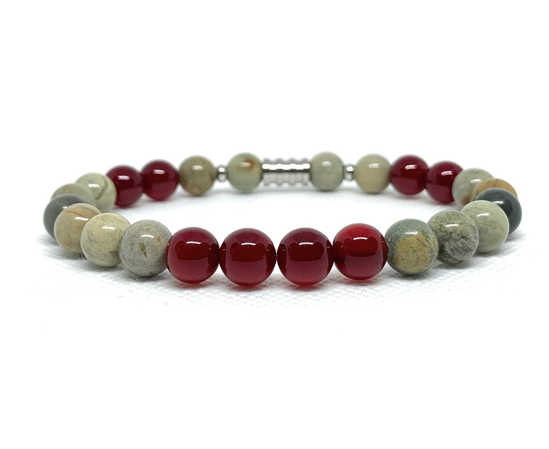 Red Jade and Silver Leaf Jasper Bracelet Red Jade Bracelet Men Mens Jade Bracelet Mens Beaded ...