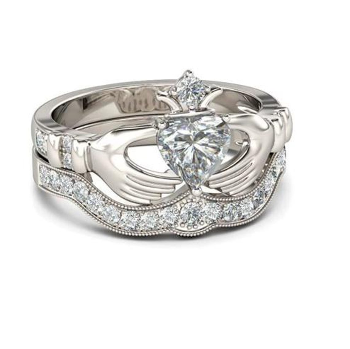 10K White Gold Irish Claddagh Ring Set With Lab Created Diamonds - Etsy