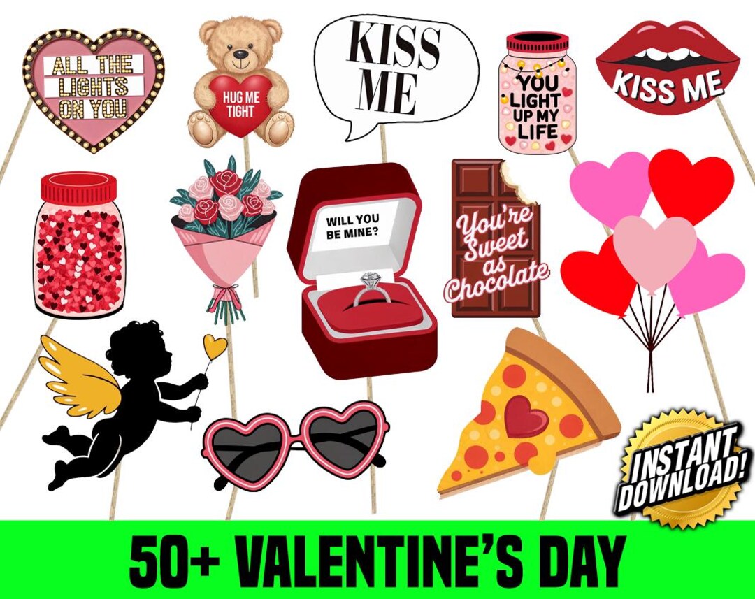 Valentine's Day Photo Booth Props, 50+ Party Decorations, Instant ...