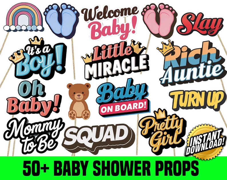 Baby Shower Photo Booth Props, 50+ Party Decorations, Instant Digital ...